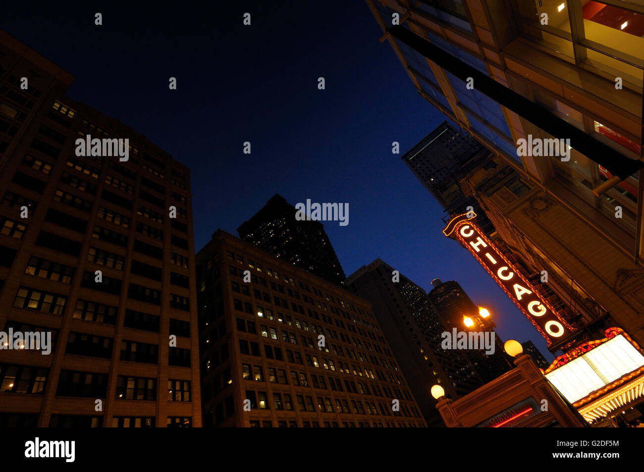 Cityscape at Night, Low Angle View, Chicago, Illinois, USA Stock Photo ...