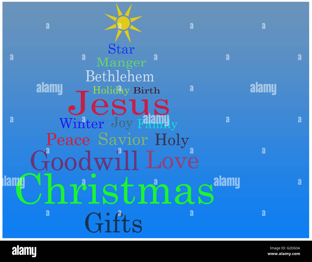 Christmas tree word cloud over a blue gradient background with copy ...