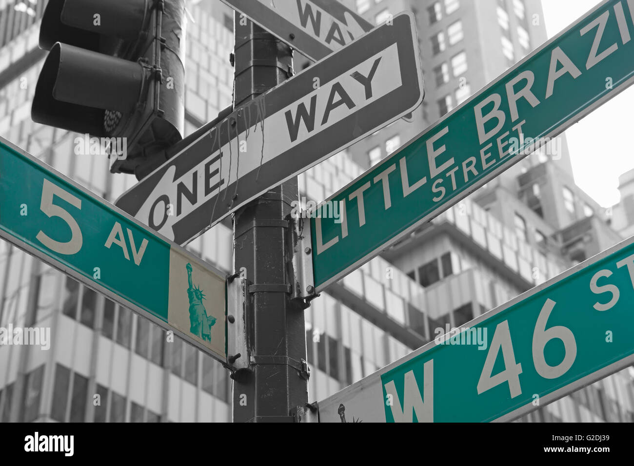 Street signs for Fifth Avenue, West 46nd street and Little Brazil in ...