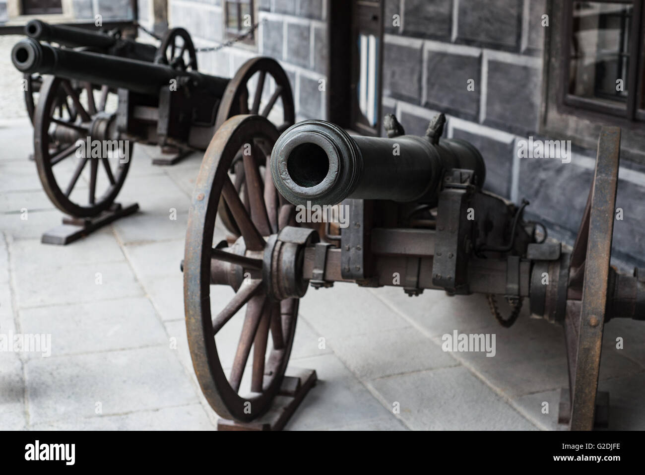 Old medieval cannon front view light artillery two Stock Photo - Alamy