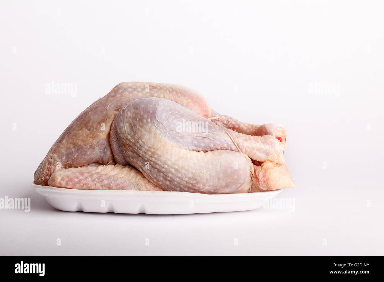 Raw whole plucked chicken ready for cooking on a plastic styrofoam ...