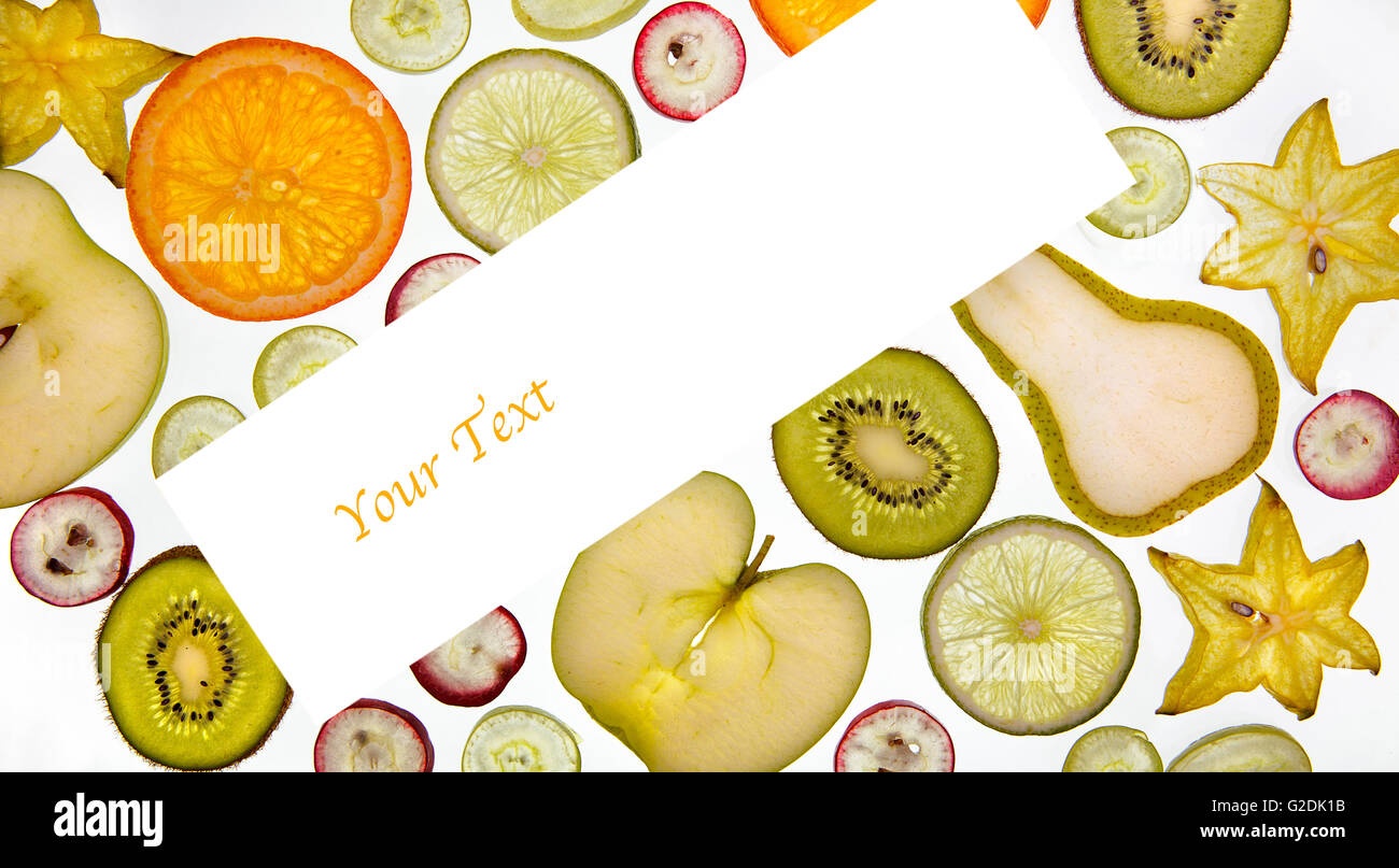 Variety of fresh ripe fruits sliced on white background Stock Photo - Alamy