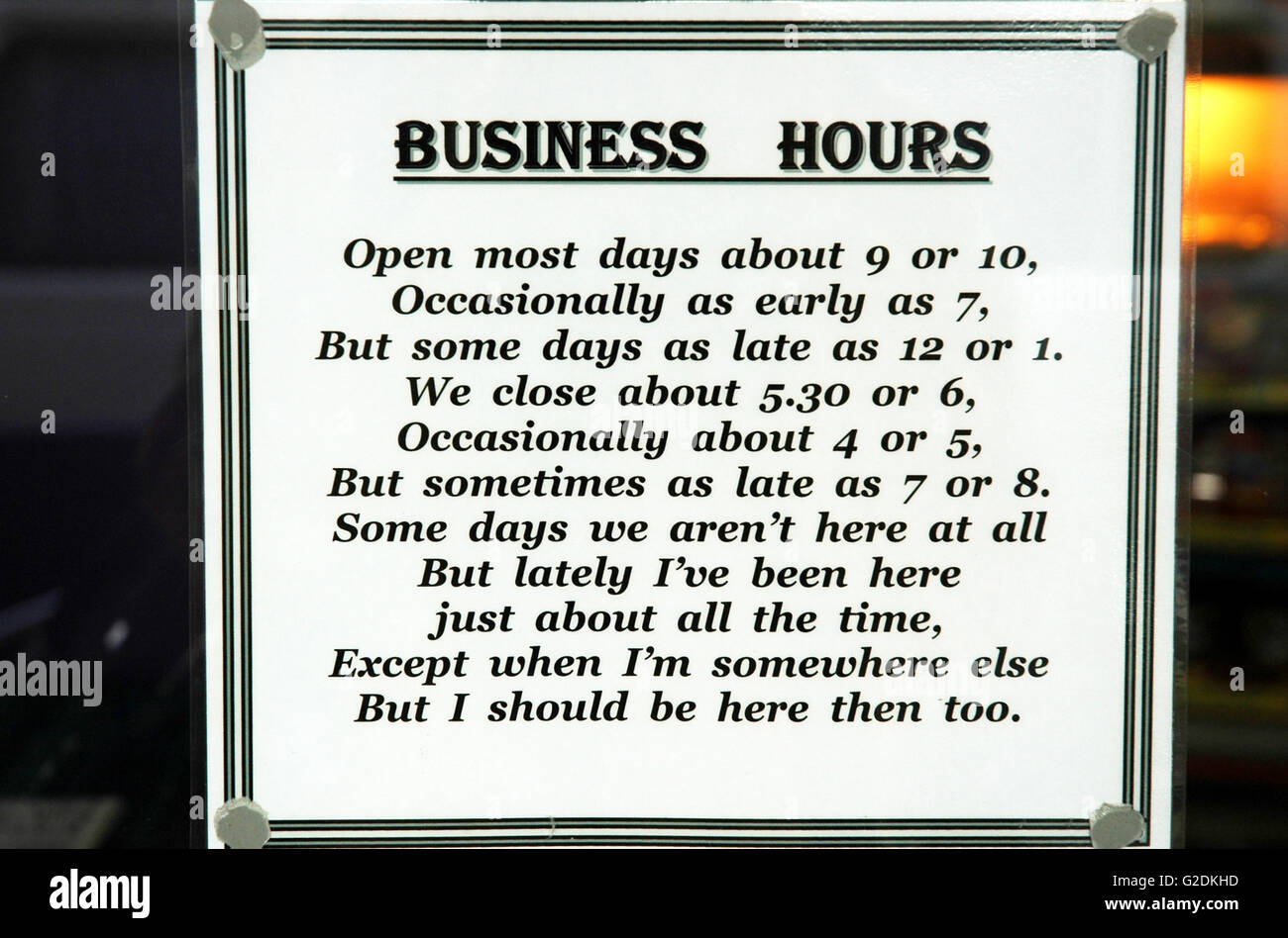 Amusing notice in shop window. Mirboo North Stock Photo - Alamy