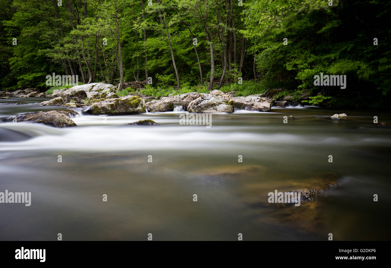 Long exposure view of a river with rocks. Nobody, landscape Stock Photo ...