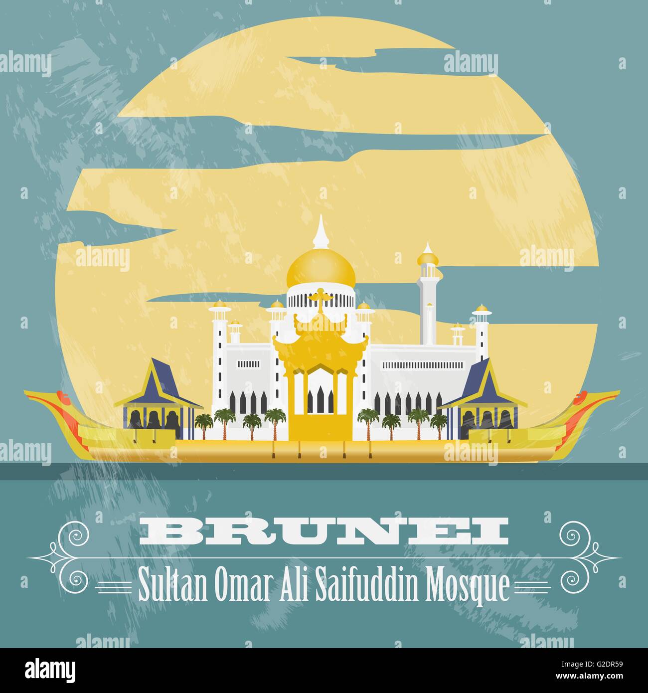 Nation of Brunei landmarks. Retro styled image. Sultan Omar Ali ...