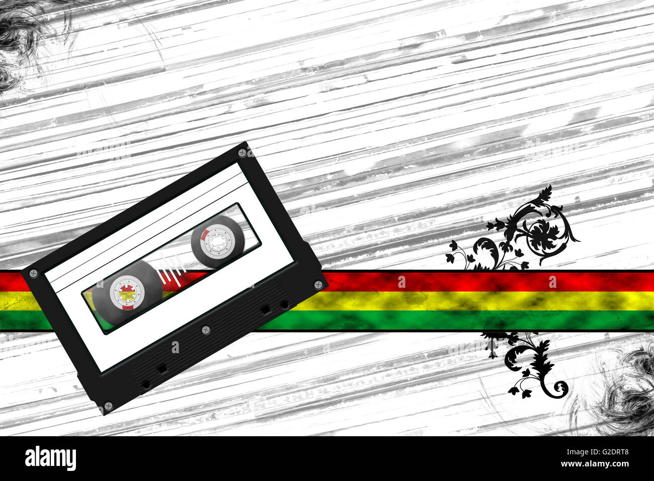 cassette tape with blank white lable on red yellow green banner, with ...