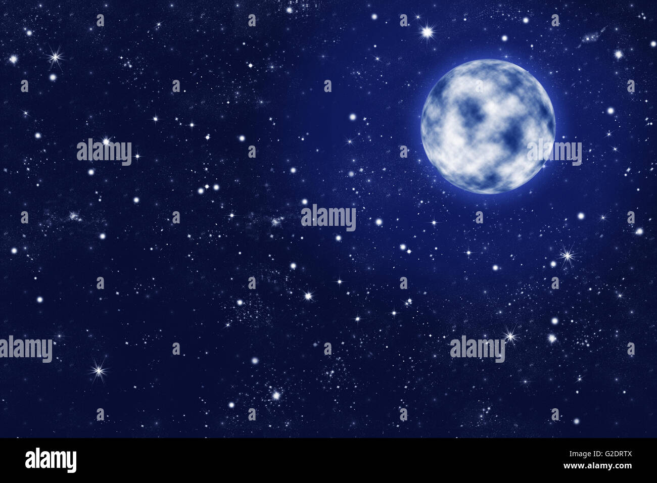 shiny full moon on blue starry night sky illustration Stock Photo - Alamy