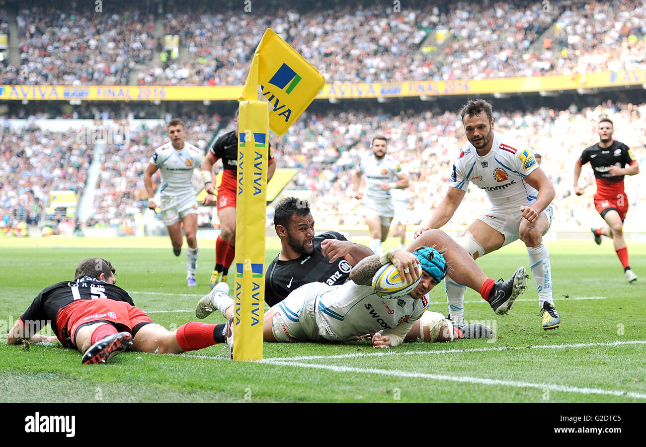 Exeter's Jack Nowell (centre) scores a late try during warm-up before ...