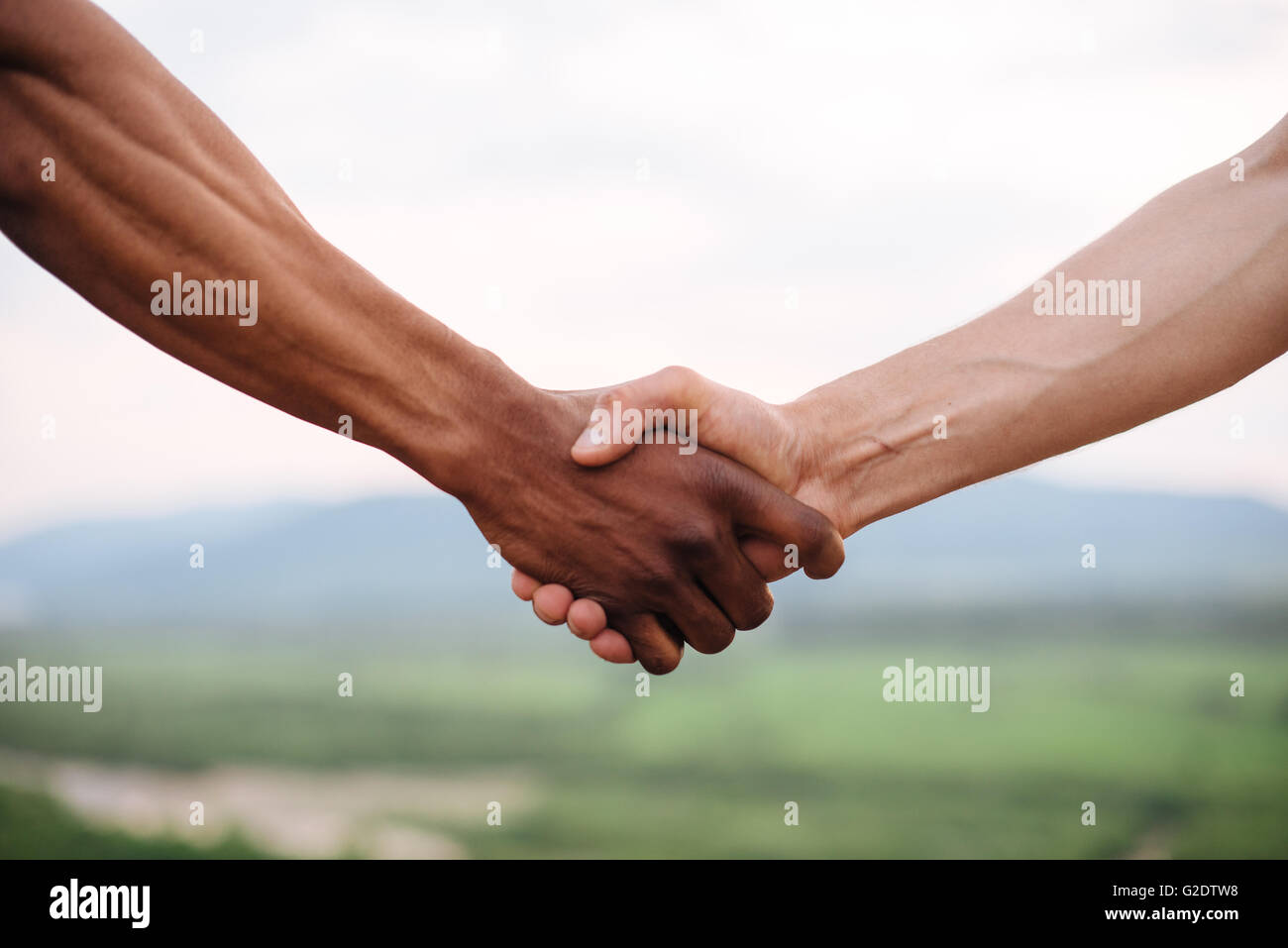 Close-up of mixed race couple holding hands on the green mountain ...