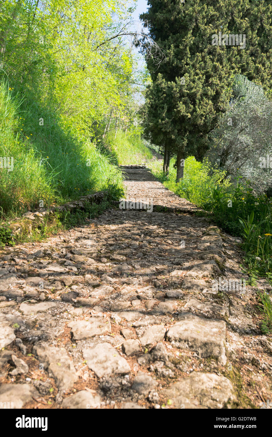 Ancient stone road leading to the medieval castle of Marostica, Italy ...
