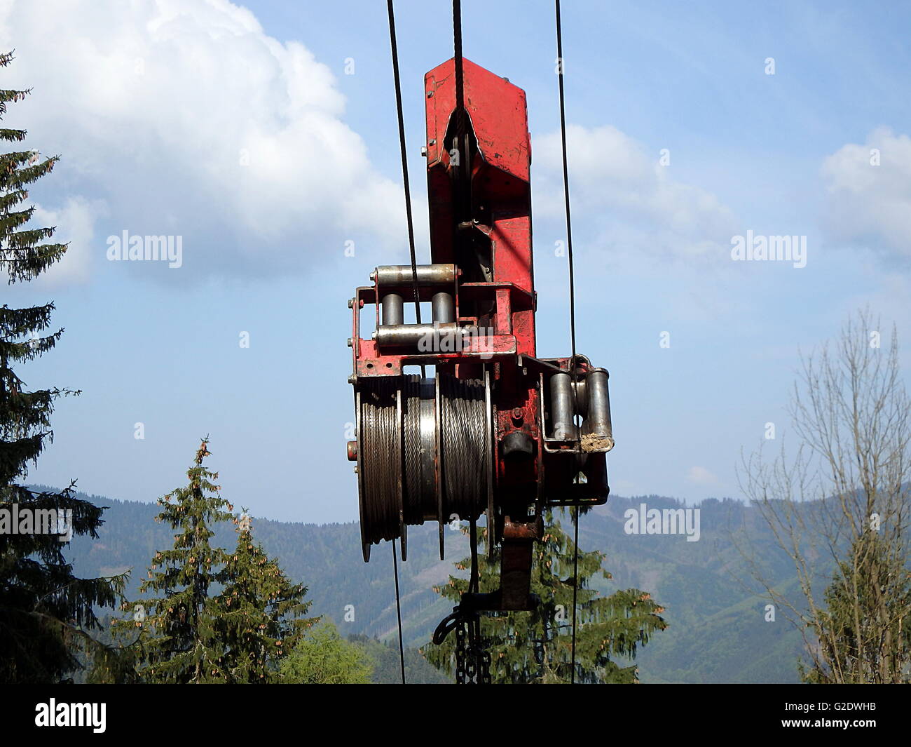 forest cableways, forestry winch cable car Stock Photo - Alamy