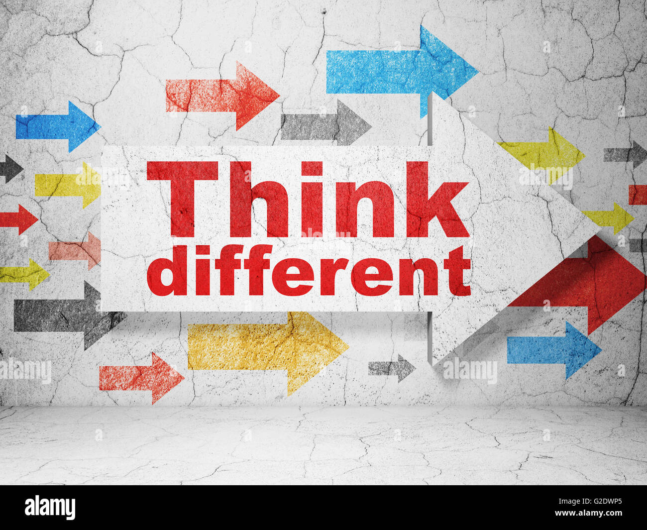 Learning concept: arrow with Think Different on grunge wall background ...