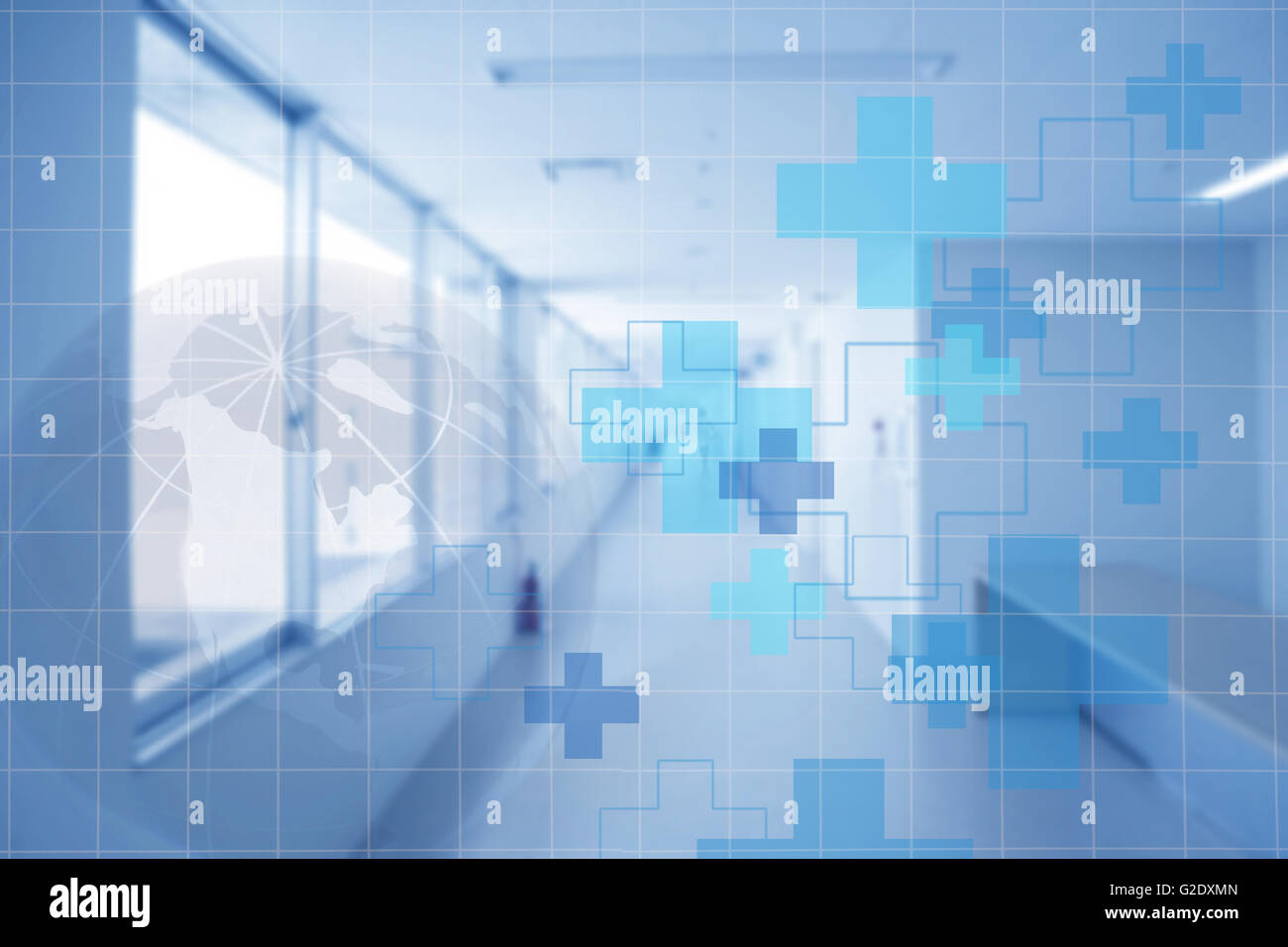 Hospital walkway in building with global in blue background Stock Photo ...