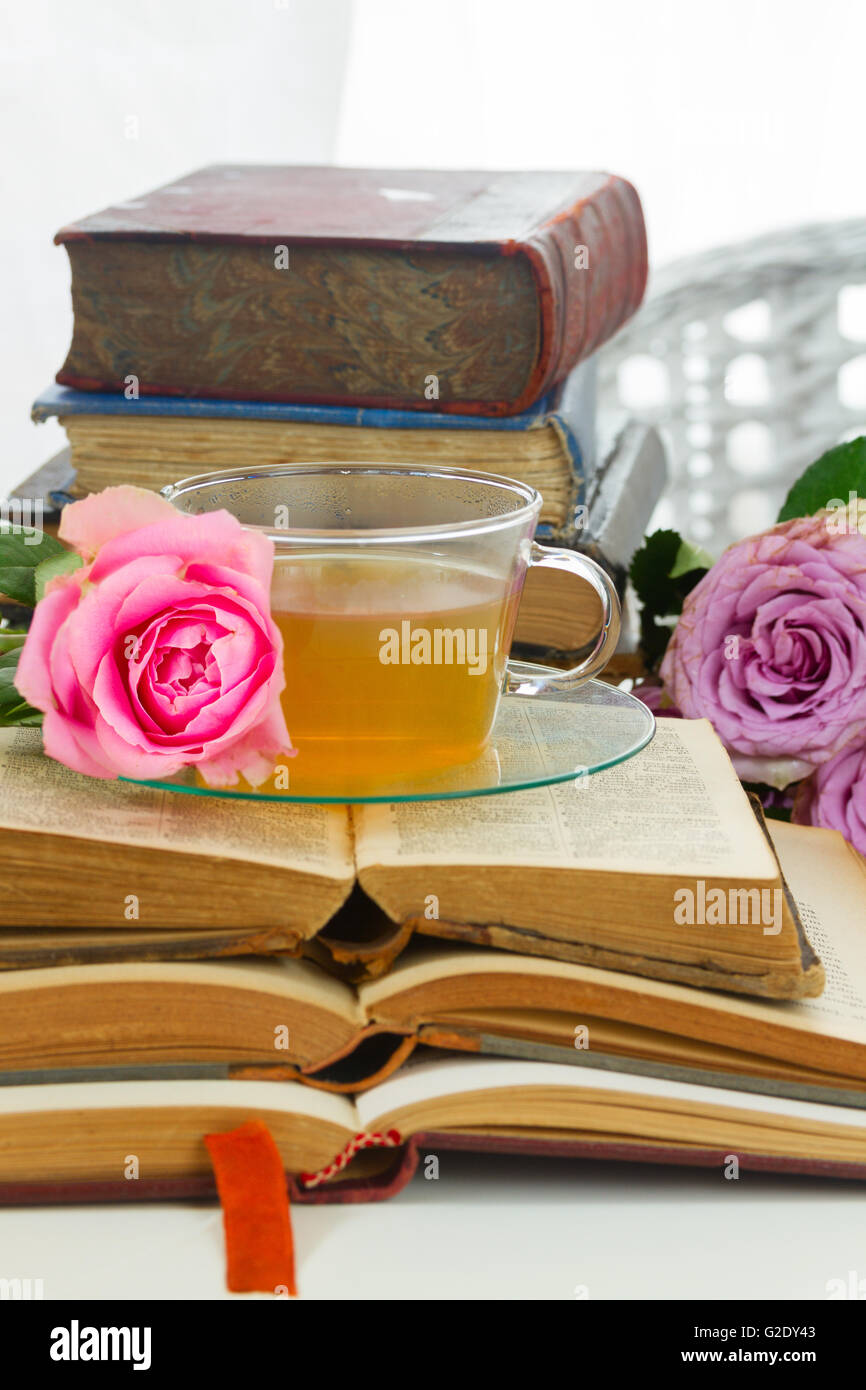 Pile book table teacup hi-res stock photography and images - Alamy