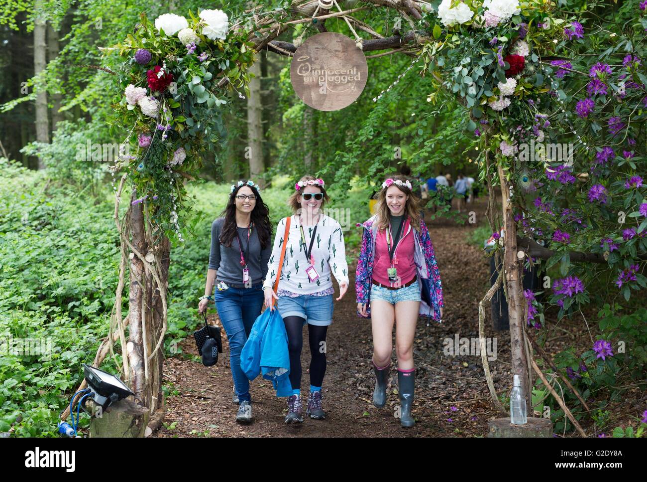 EDITORIAL USE ONLY Bank Holiday festival goers (left-right) Anita ...