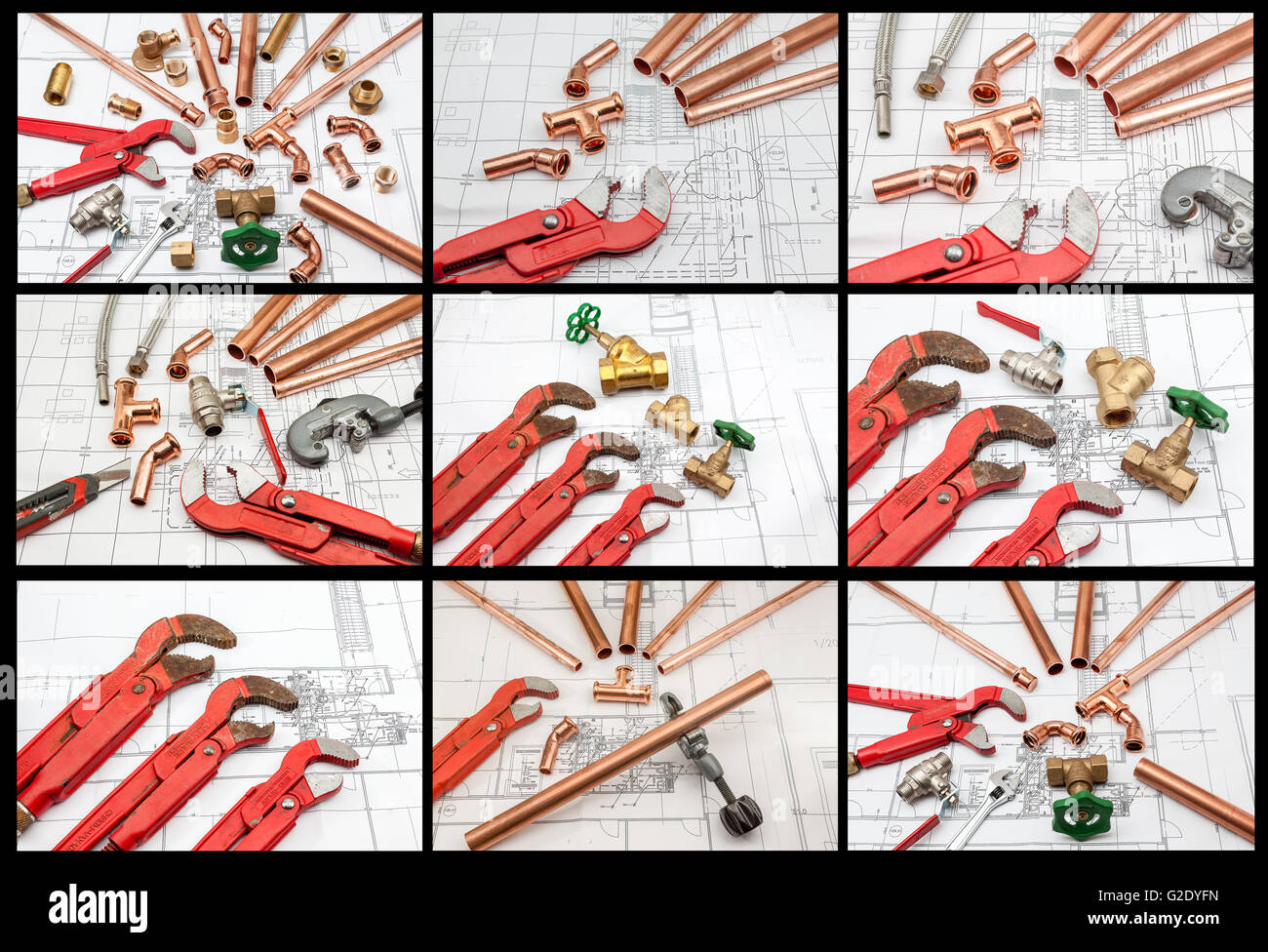 Plumbing Tools Arranged On House Plans whit wrench and pipe cutter ...
