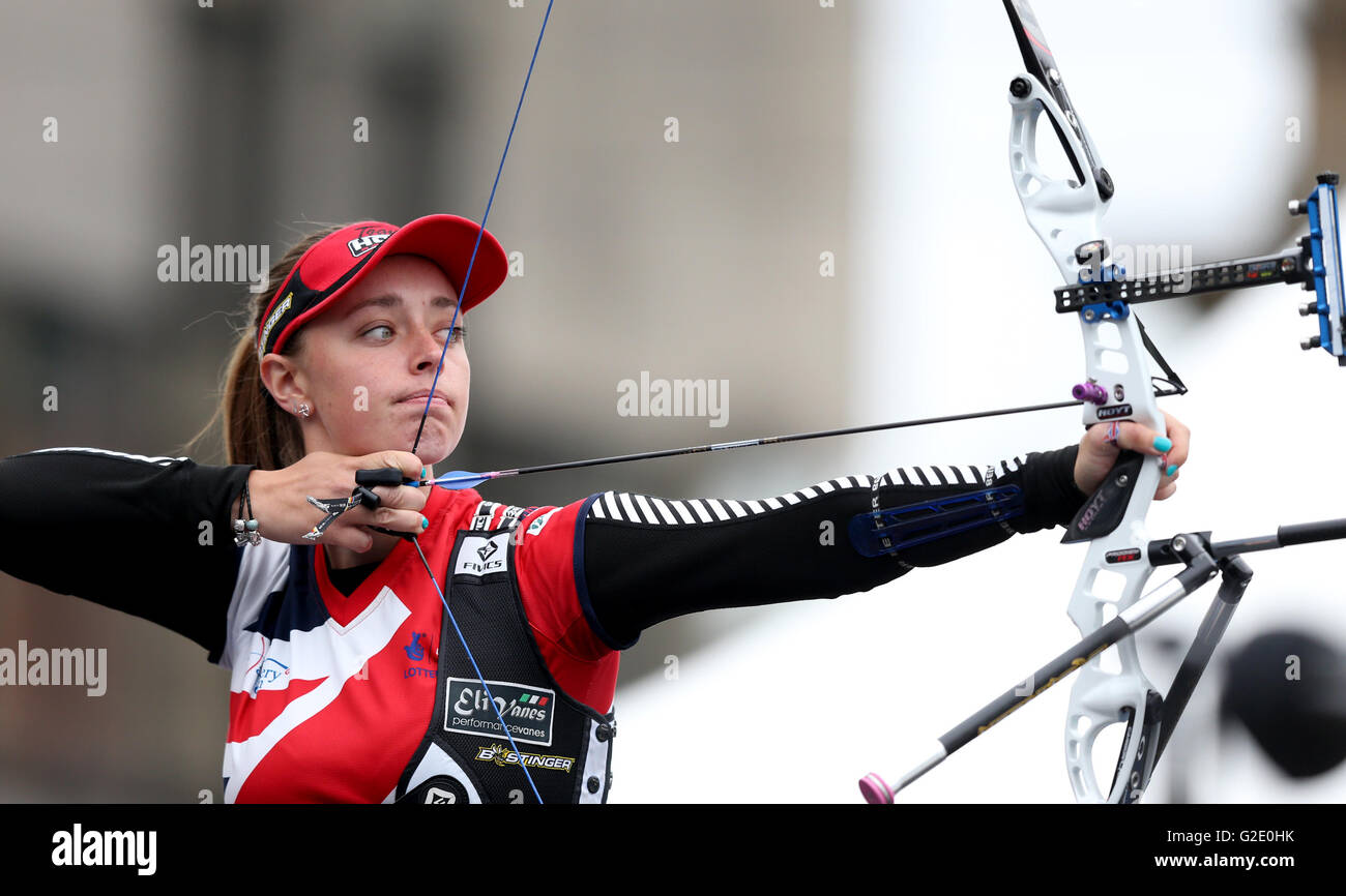 Great Britain's Bryony Pitman in action during the Women's Recurve Team ...