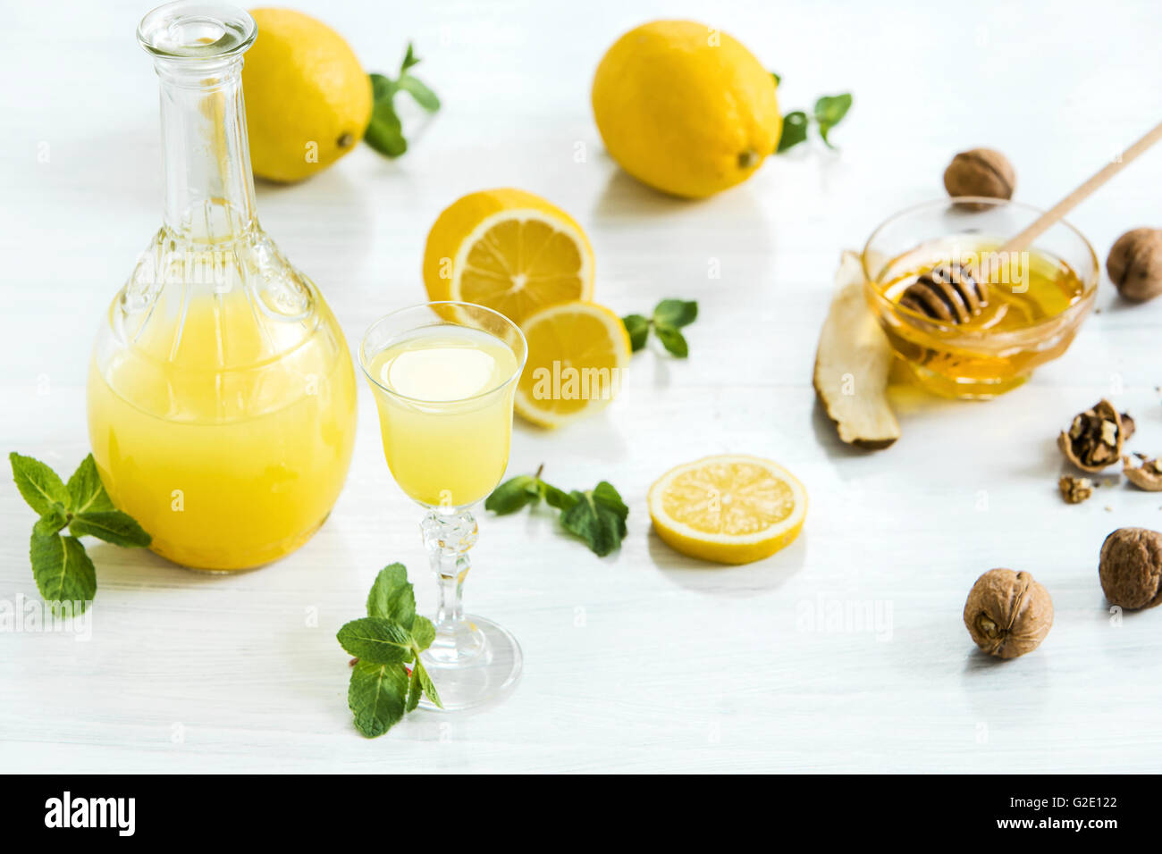 The italian traditional liqueur limoncello with lemon Stock Photo - Alamy