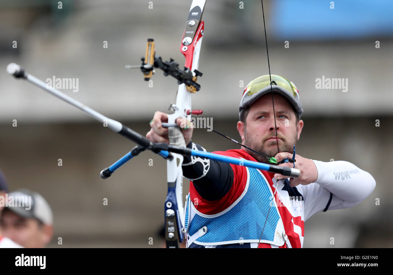 Great Britain's Larry Godfrey in action during the Men's Recurve Team ...