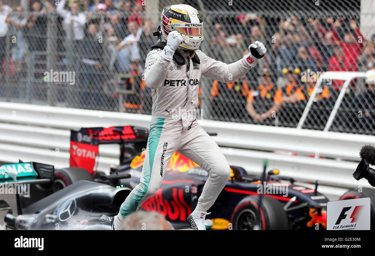 Mercedes Lewis Hamilton celebrates his victory in the 2016 Monaco Grand ...