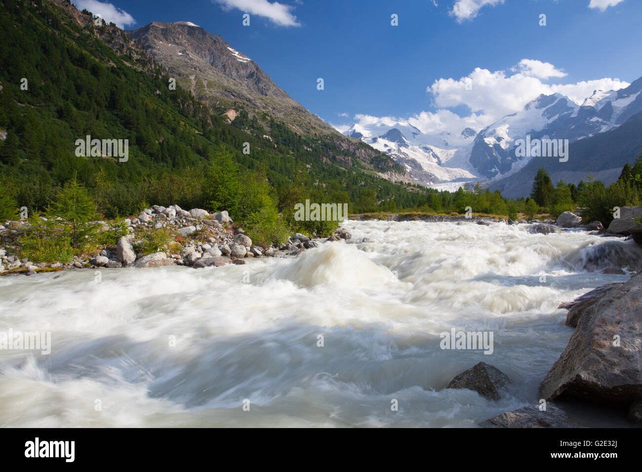 Swiss mountain landscape of the Morteratsch Glacier Valley hiking trail ...