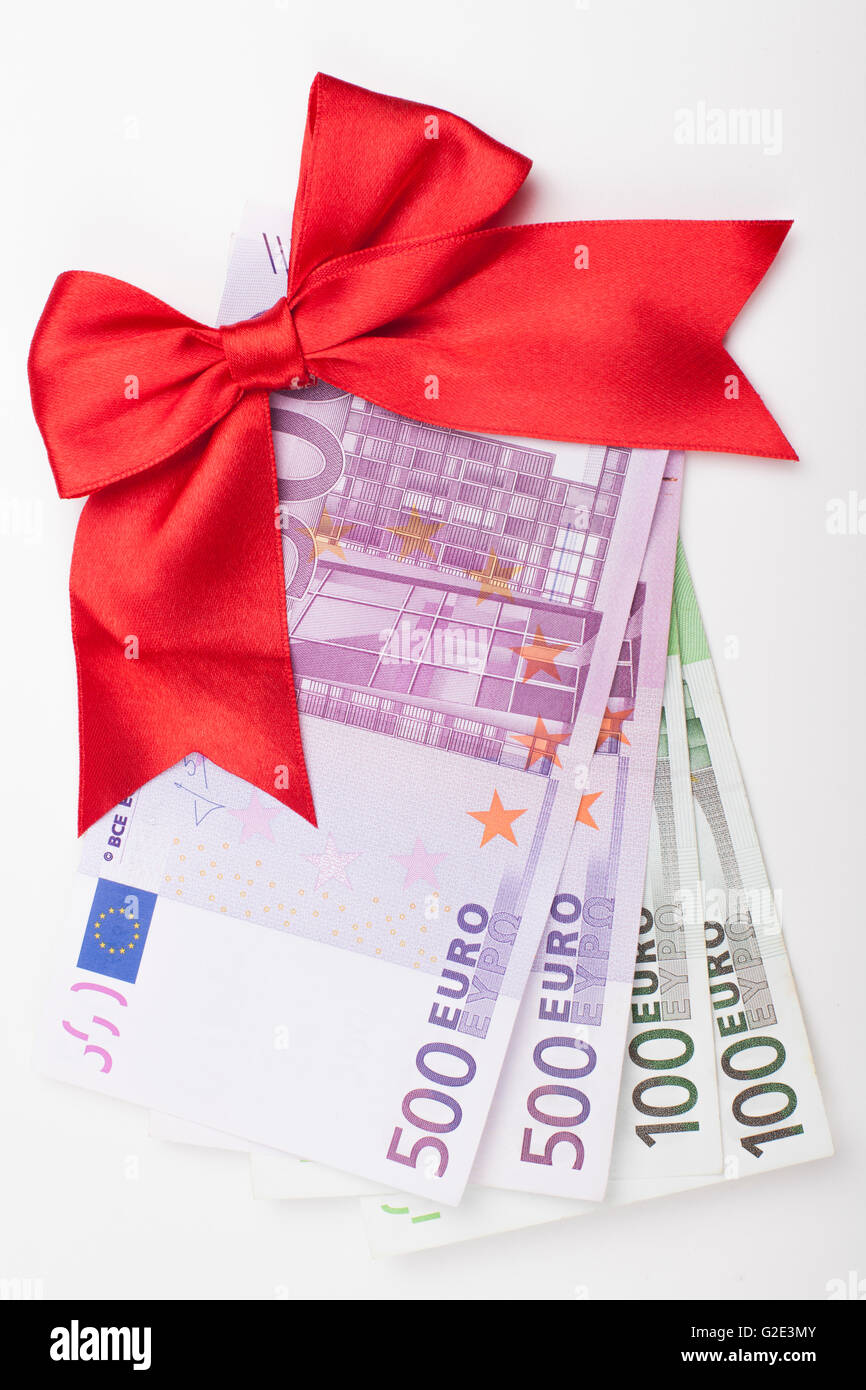 Euro banknotes with red ribbon isolated on white backgroound Stock ...