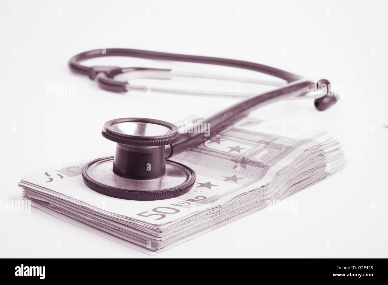 Euro banknote pile with black stethoscope inked black and white style ...