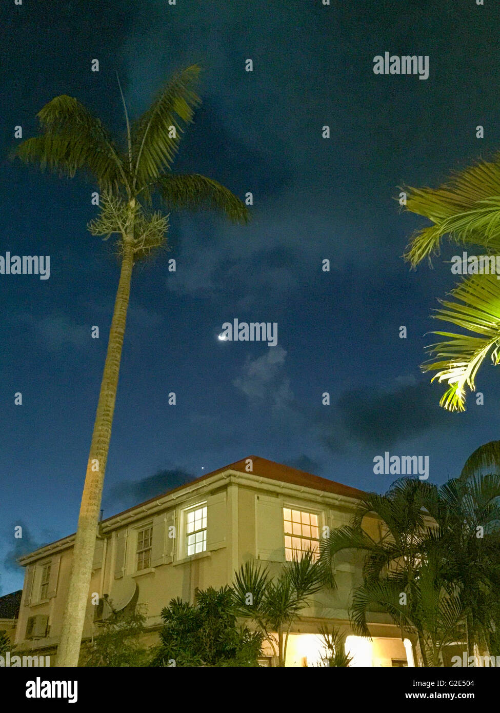 early evening sky with old St Bart's home and palm trees in Gustavia Stock Photo - Alamy