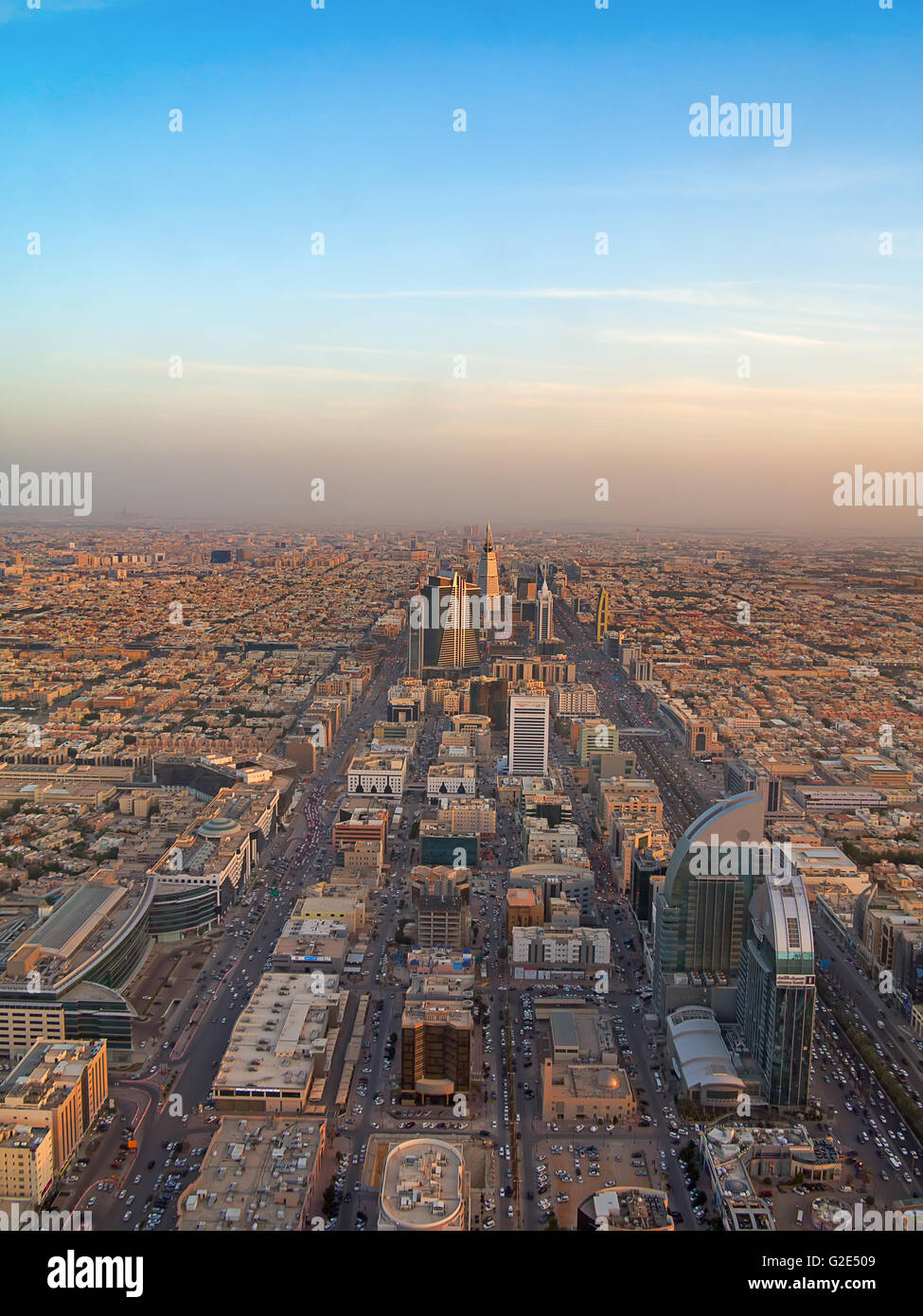 RIYADH - FEBRUARY 29: Aerial view of sunset over Riyadh downtown on ...