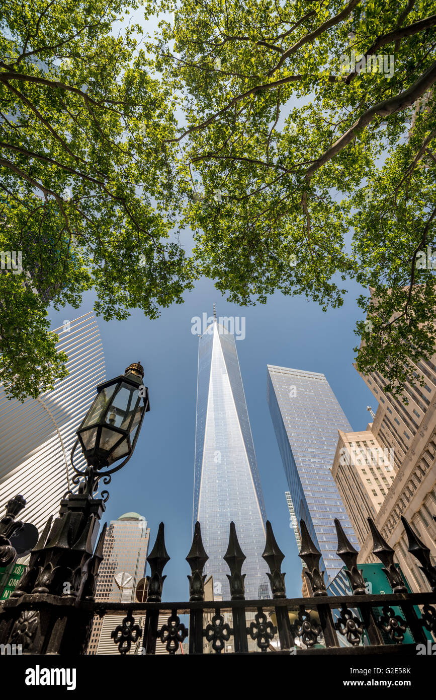 New York skyscrapers and steel rail fence Stock Photo - Alamy