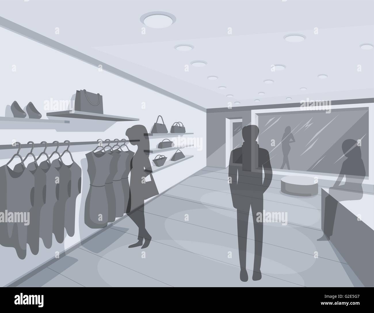 Abstract illustration of Clothes Shop Interior and People Shopping ...