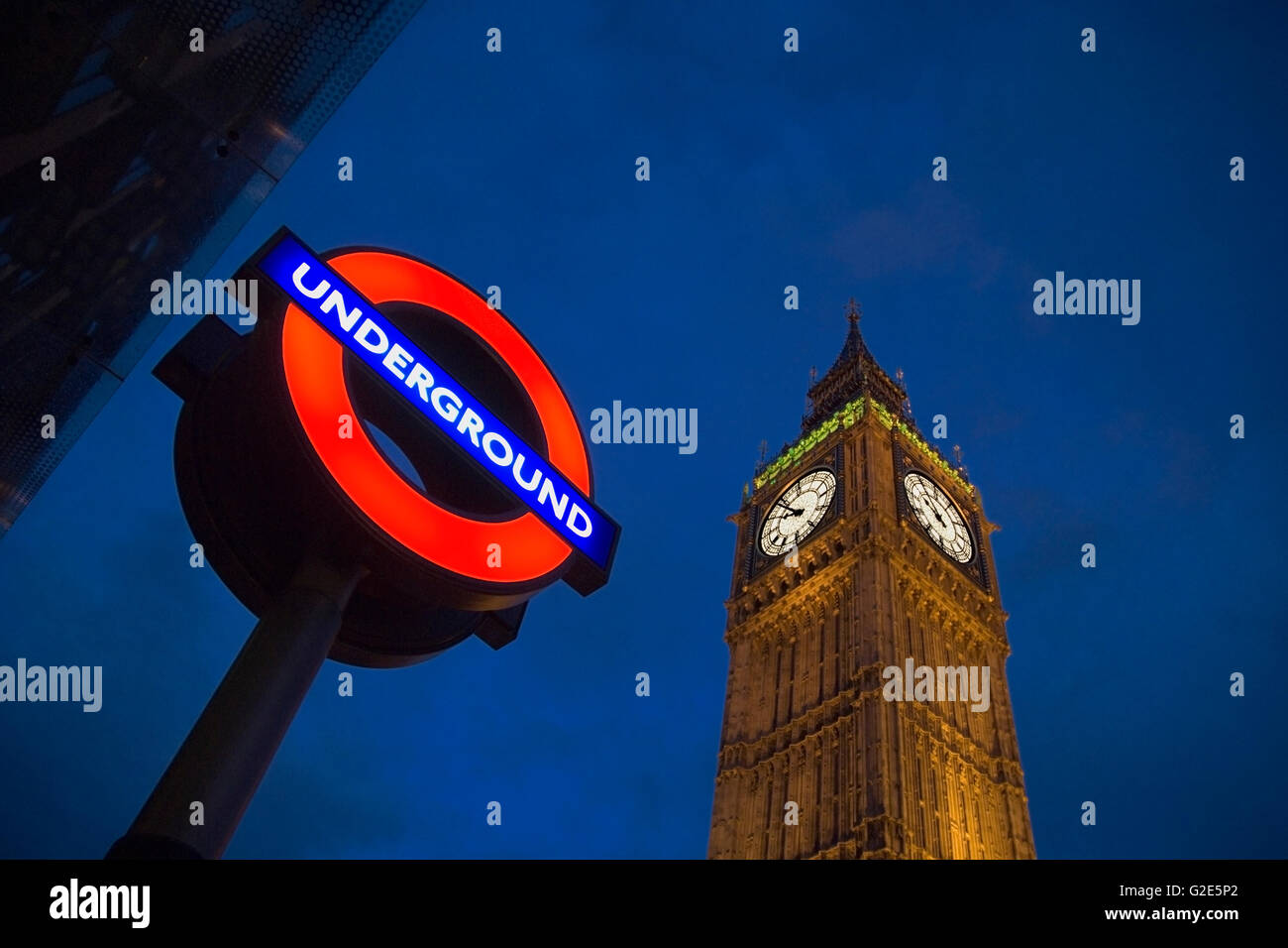 Big Ben and Subway Sign at Night, London, UK Stock Photo - Alamy