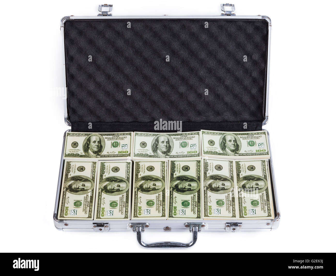 Open Silver briefcase full with dollar banknotes isolated on white ...