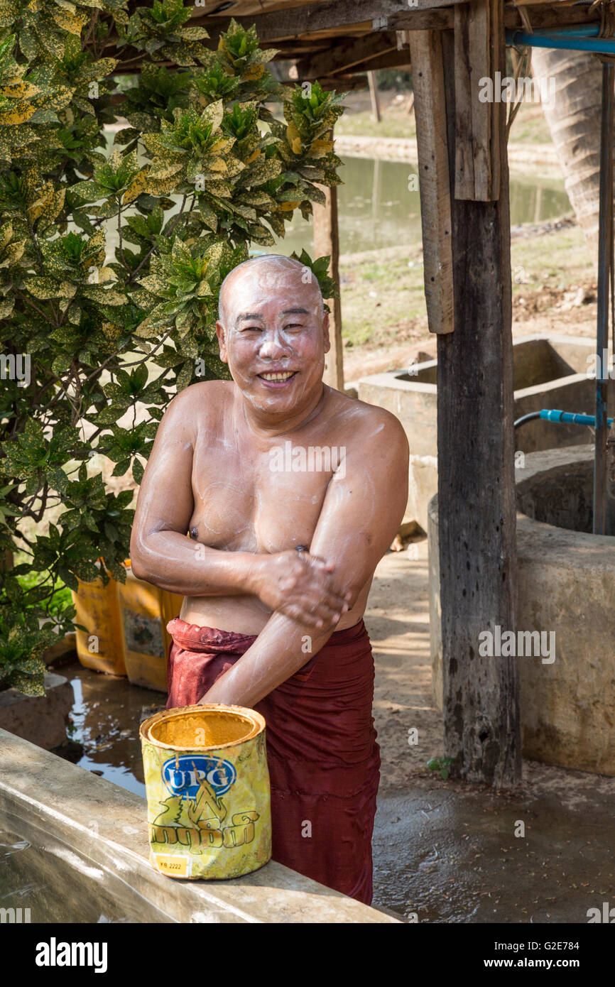 Daily life inside monastery with monk during the shower, Myanmar ...
