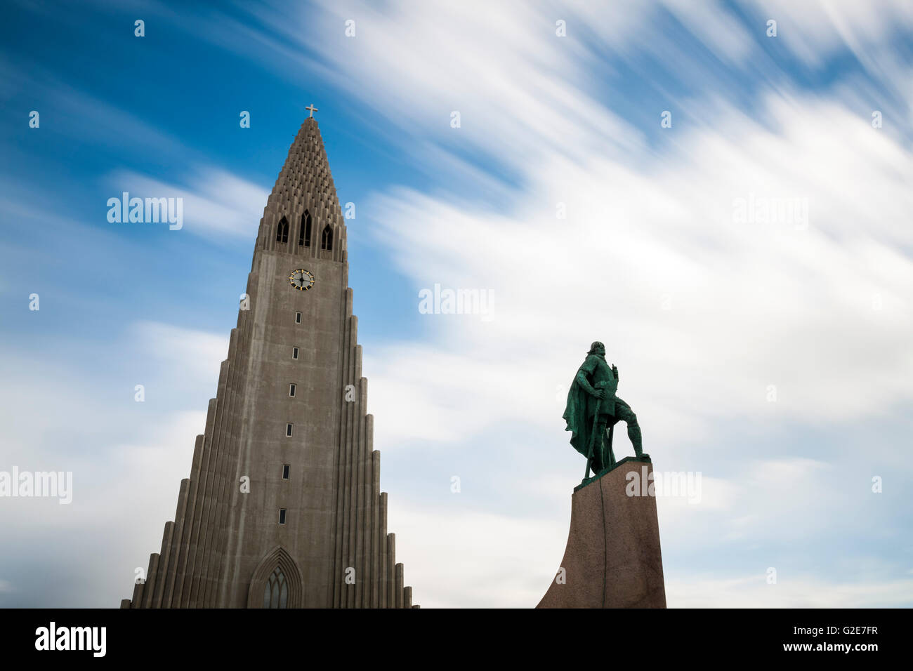 Church of Hallgrimur, Hallgrimskirkja, and Statue, Against Moving ...