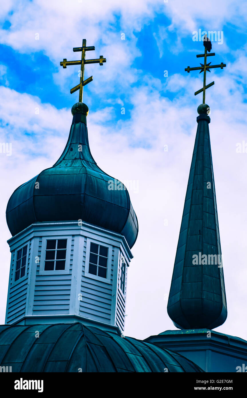 Sitka, Alaska. bald eagles on cross spires of St. Matthew Russian ...