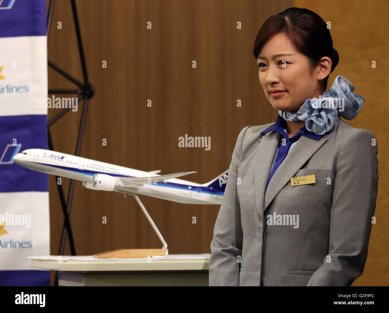 Tokyo, Japan. 28th May, 2016. A cabin attendant of Japan's All Nippon ...