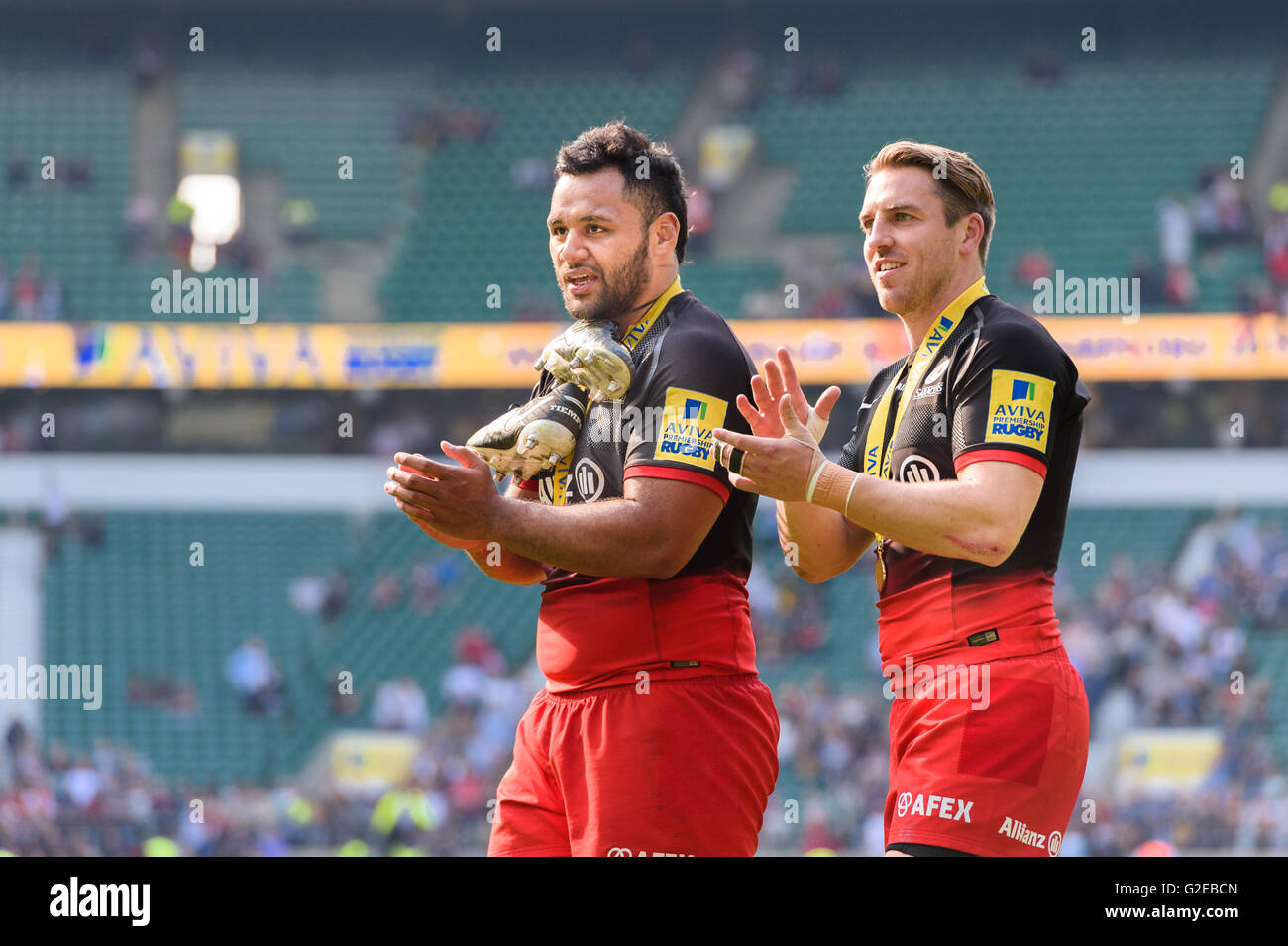 London, UK. 28th May, 2016. Billy Vunipola and Chris Wyles of Saracens ...