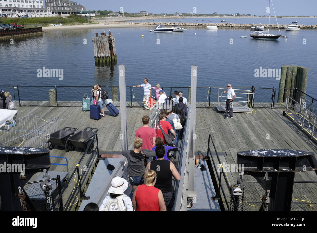 Crowds exiting New London Ferry after docking at Block Island, Rhode ...