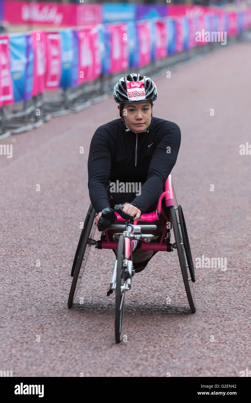 London, UK. 30 May 2016. Wheelchair athlete Nikki Emerson warms up on ...