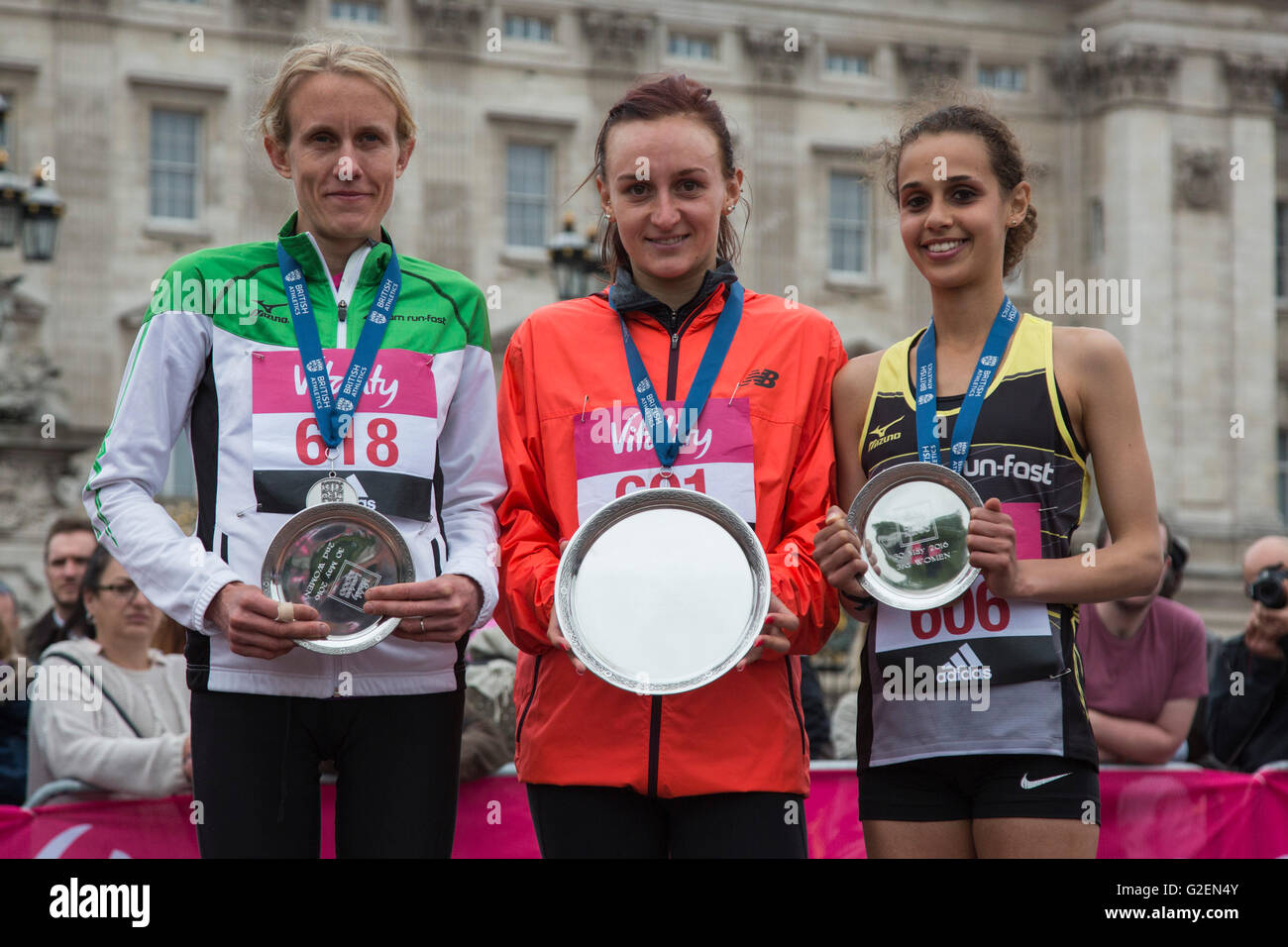 London, UK. 30 May 2016. Podium for the 10k race L-R: Rachel Felton ...