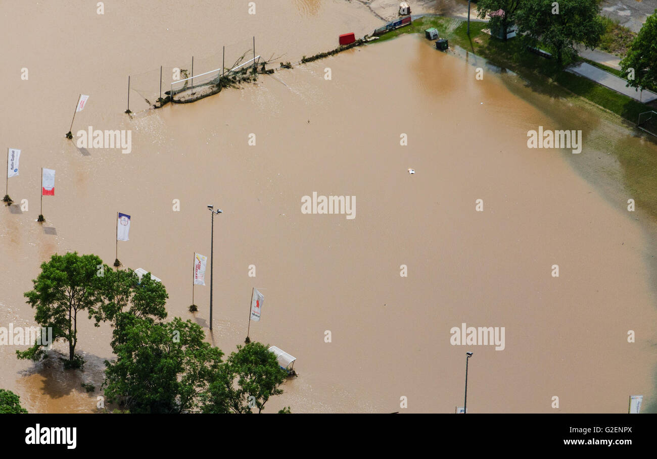 Braunbach, Germany. 30th May, 2016. Aerial view of a flooded soccer ...