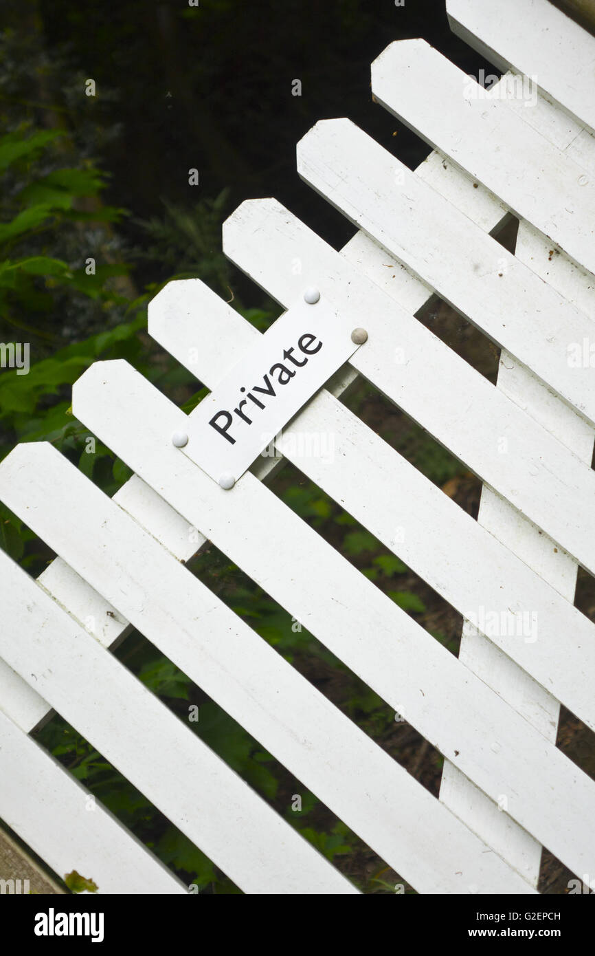 white garden gate with private sign Stock Photo - Alamy