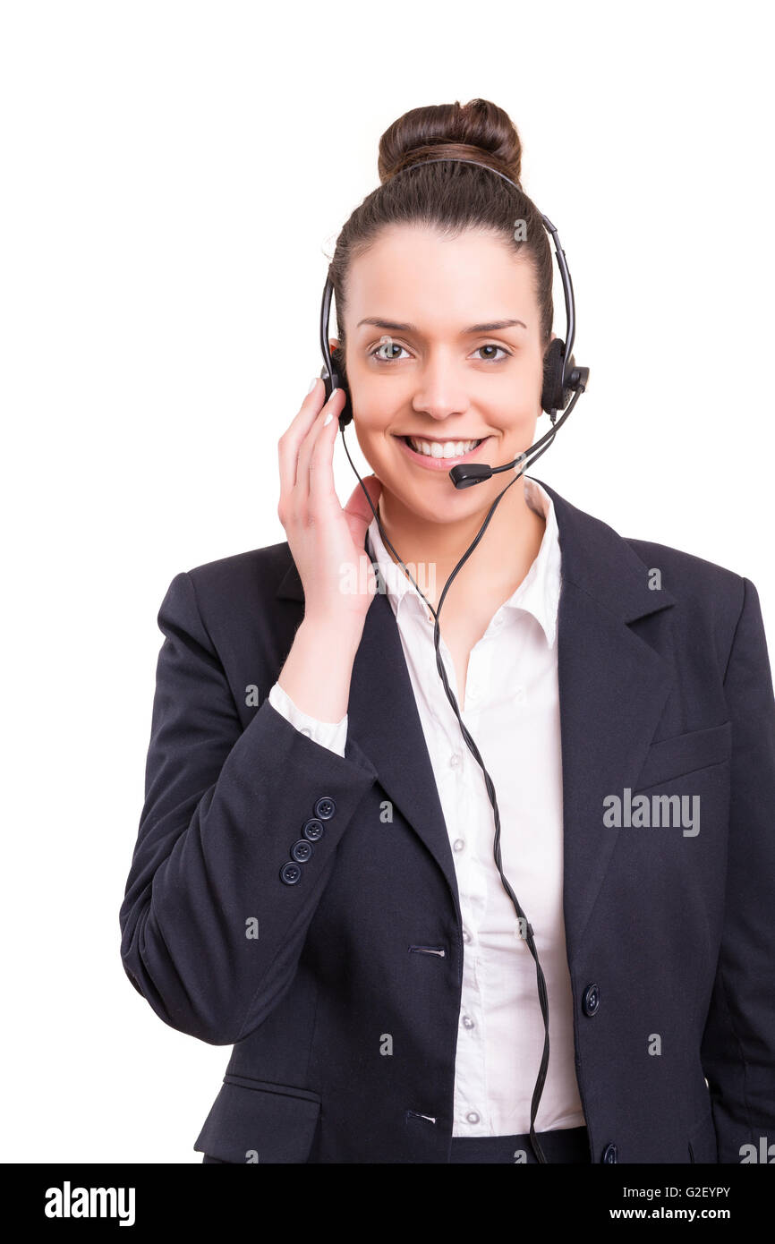 A friendly telephone operator smiling isolated over a white background ...