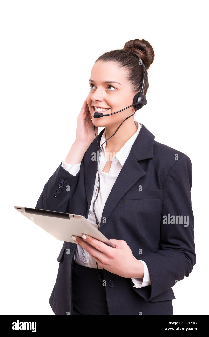 A friendly telephone operator smiling isolated over a white background Stock Photo - Alamy