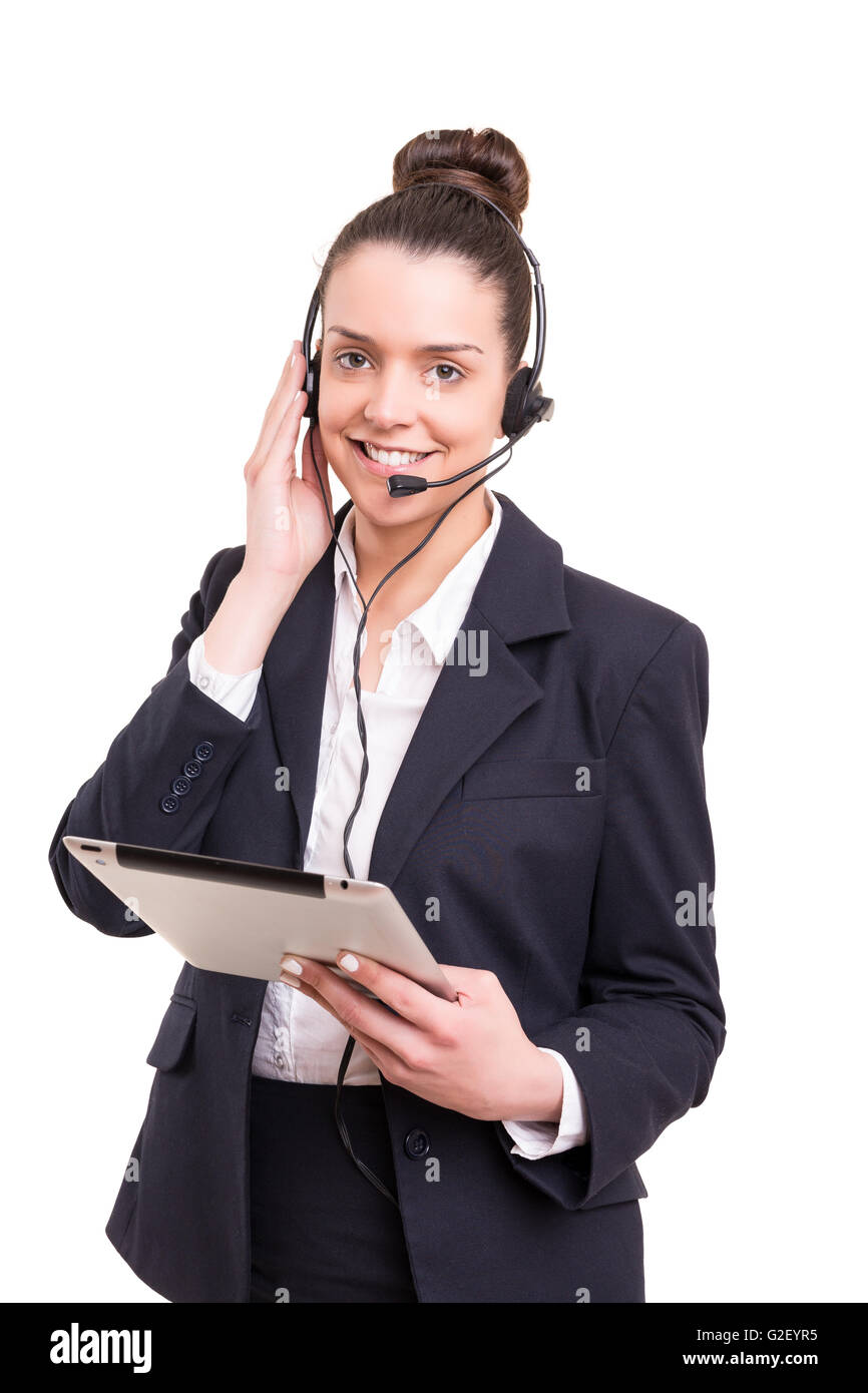 A friendly telephone operator smiling isolated over a white background ...