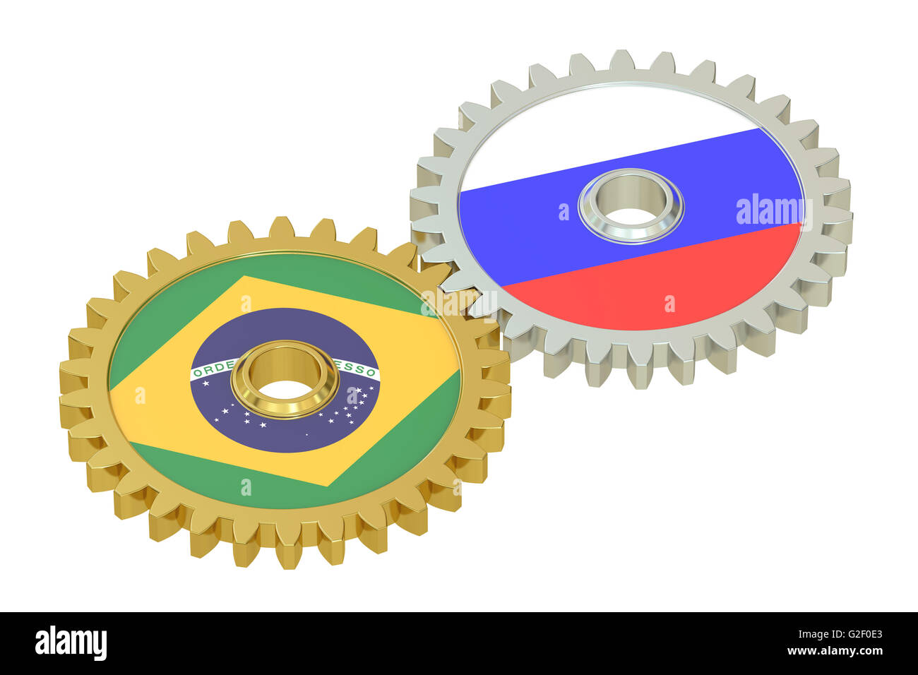 Brazil and Russia flags on a gears, 3D rendering isolated on white ...