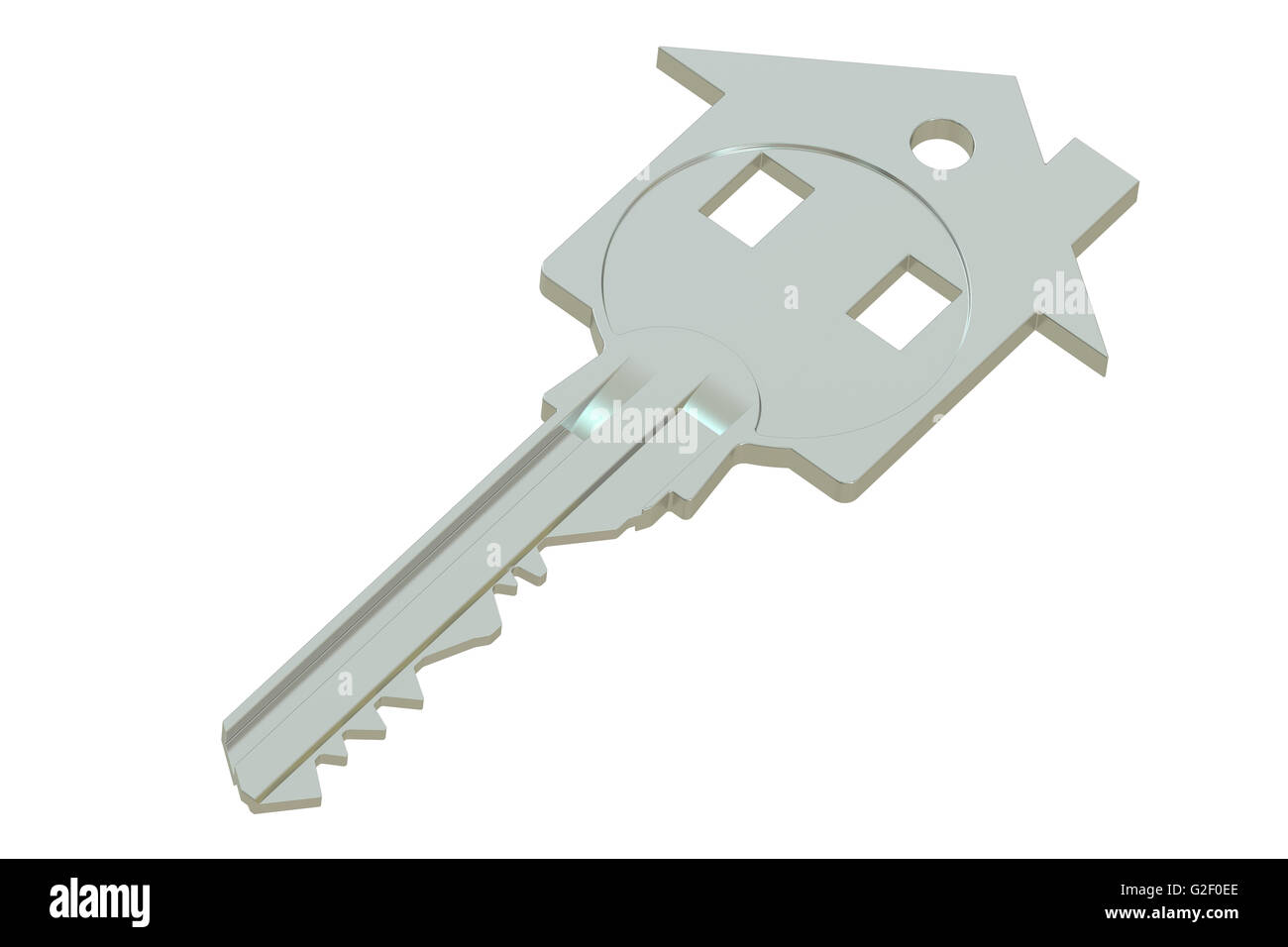 Silver home key with house silhouette, 3D rendering isolated on white ...
