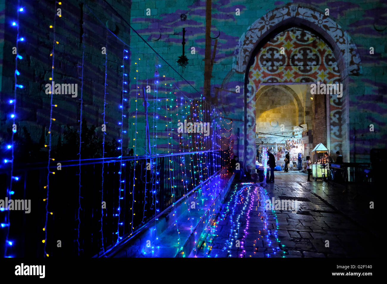 Light art installation over Damascus Gate in the old city during the ...