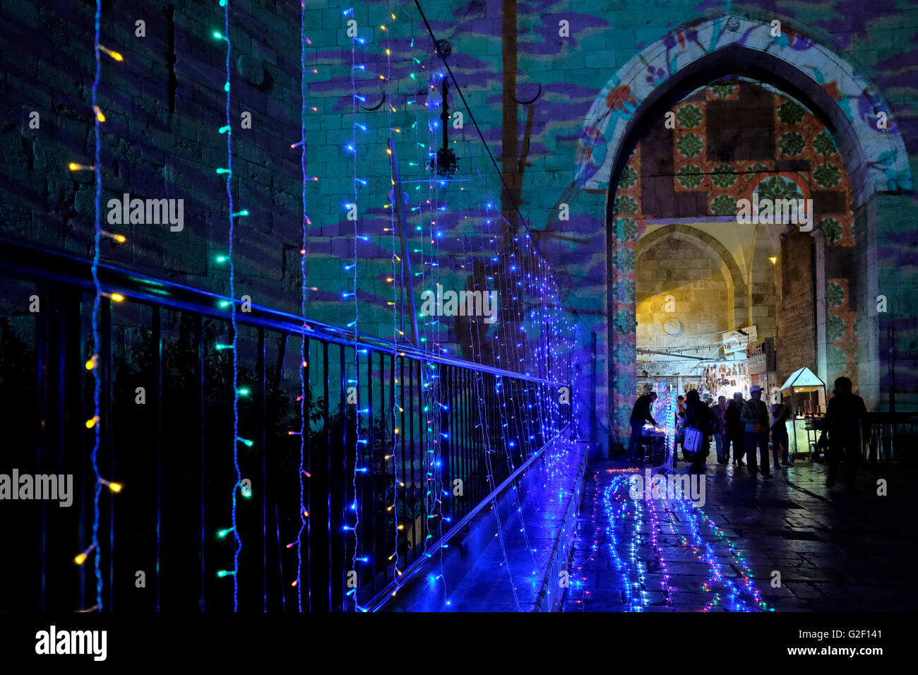 Light art installation over Damascus Gate in the old city during the ...